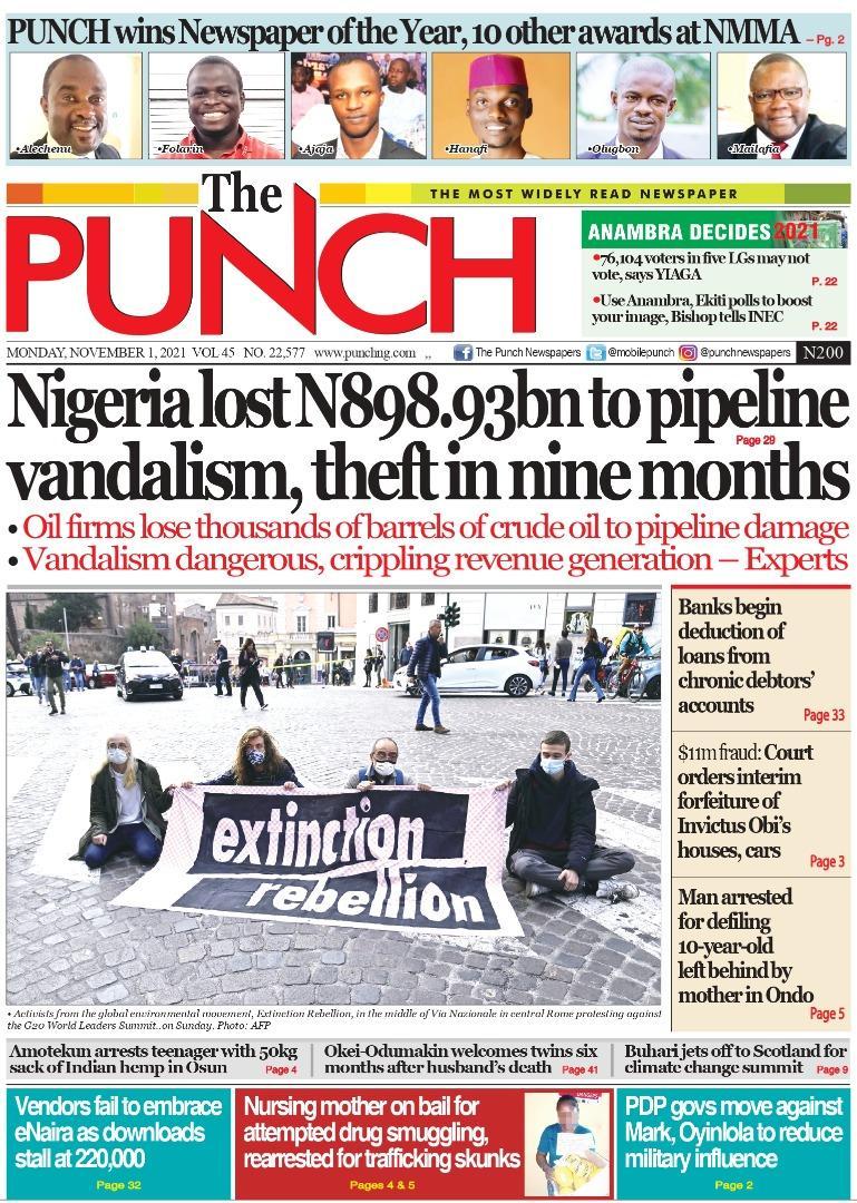 Nigerian Newspapers Daily Front Pages Review | Monday, 1 November, 2021